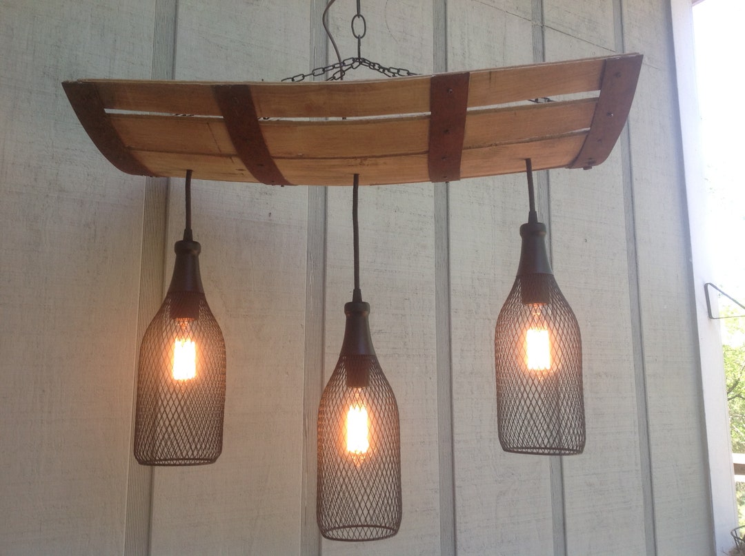 Vintage Barrel Stave Chandelier, Industrial Style Wine Bottle Cages ...