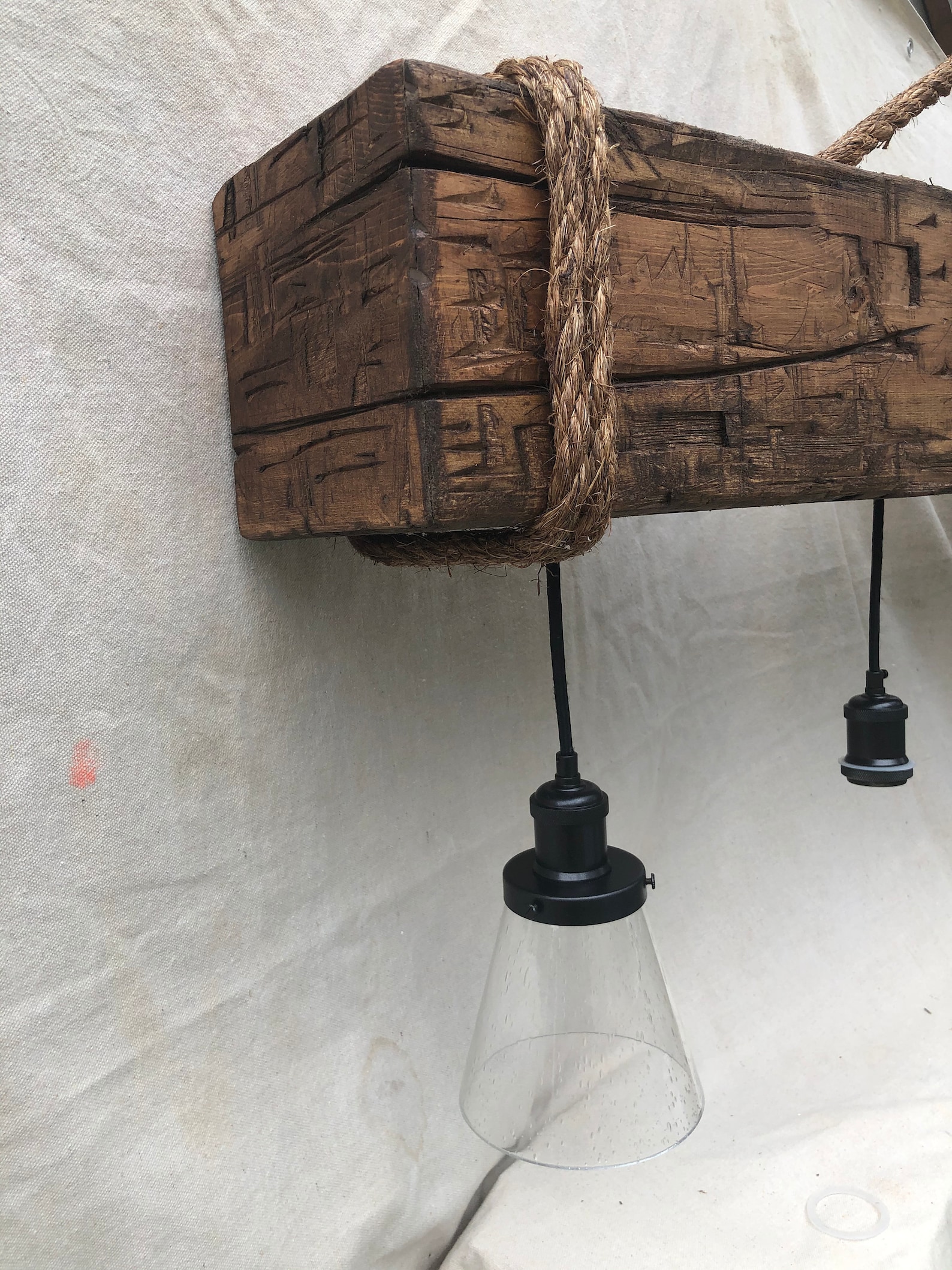 Rustic Barn Beam With Glass Lamp Shades. | Etsy