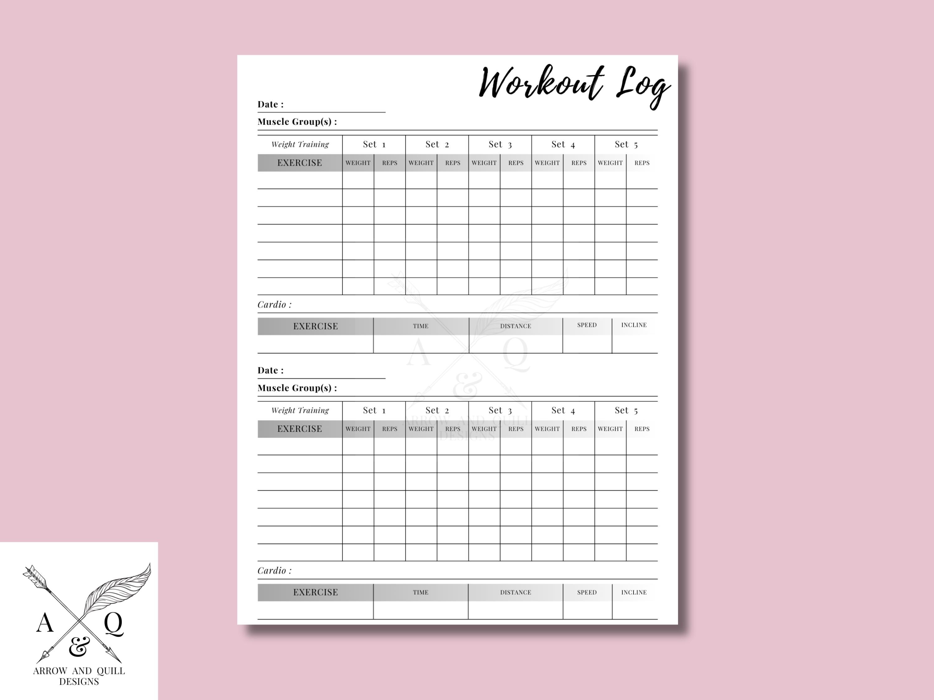 Printable Workout Log | Fitness Tracker | Exercise Planner for Weight ...