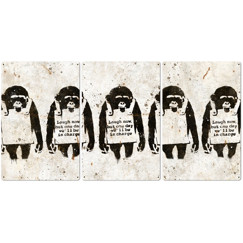 Banksy Laugh Now, Monkeys, Wall Art, Triptych METAL Sign, Optional ...