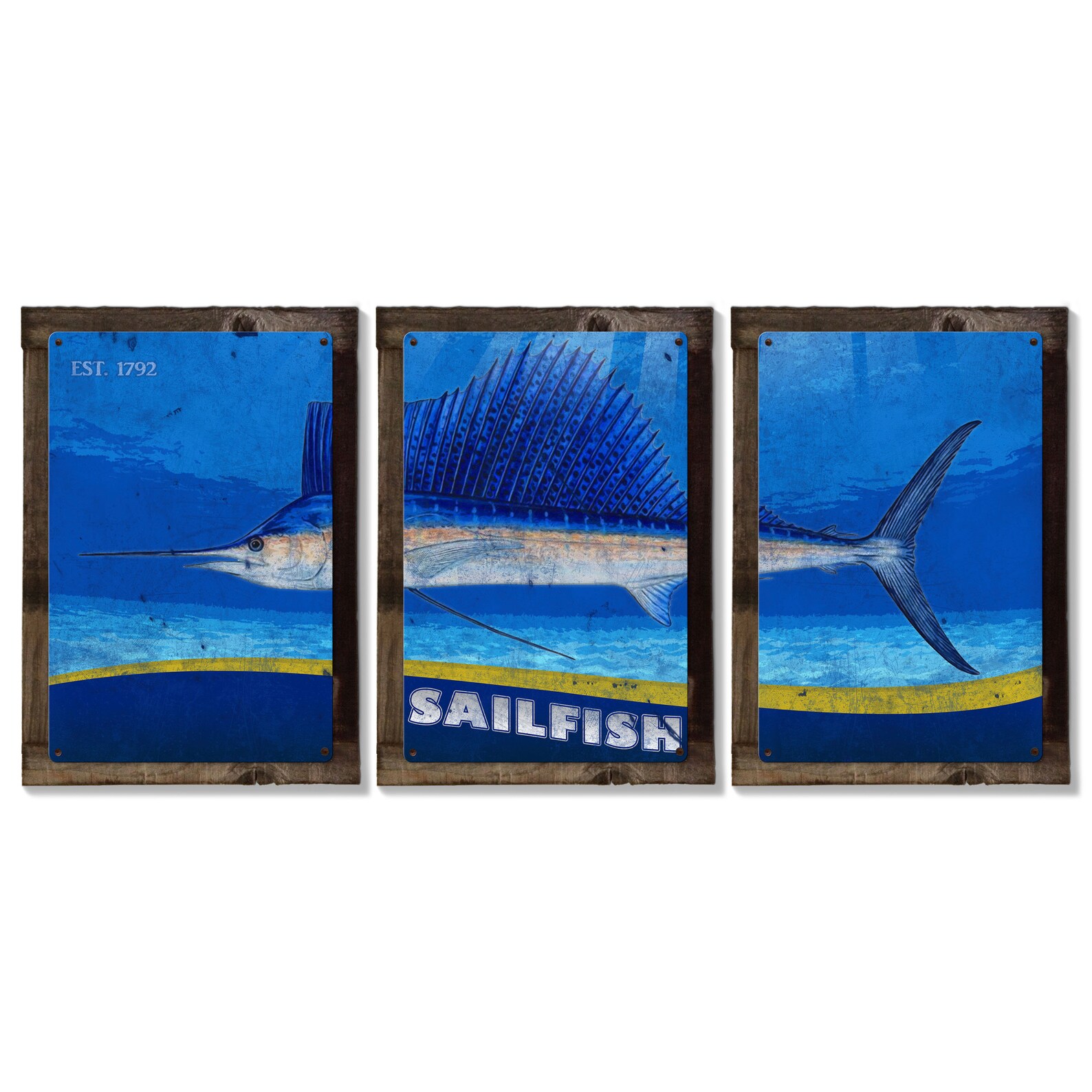 Sailfish, Marlin, Metal Triptych, Optional Rustic Wood Frame, Sport ...