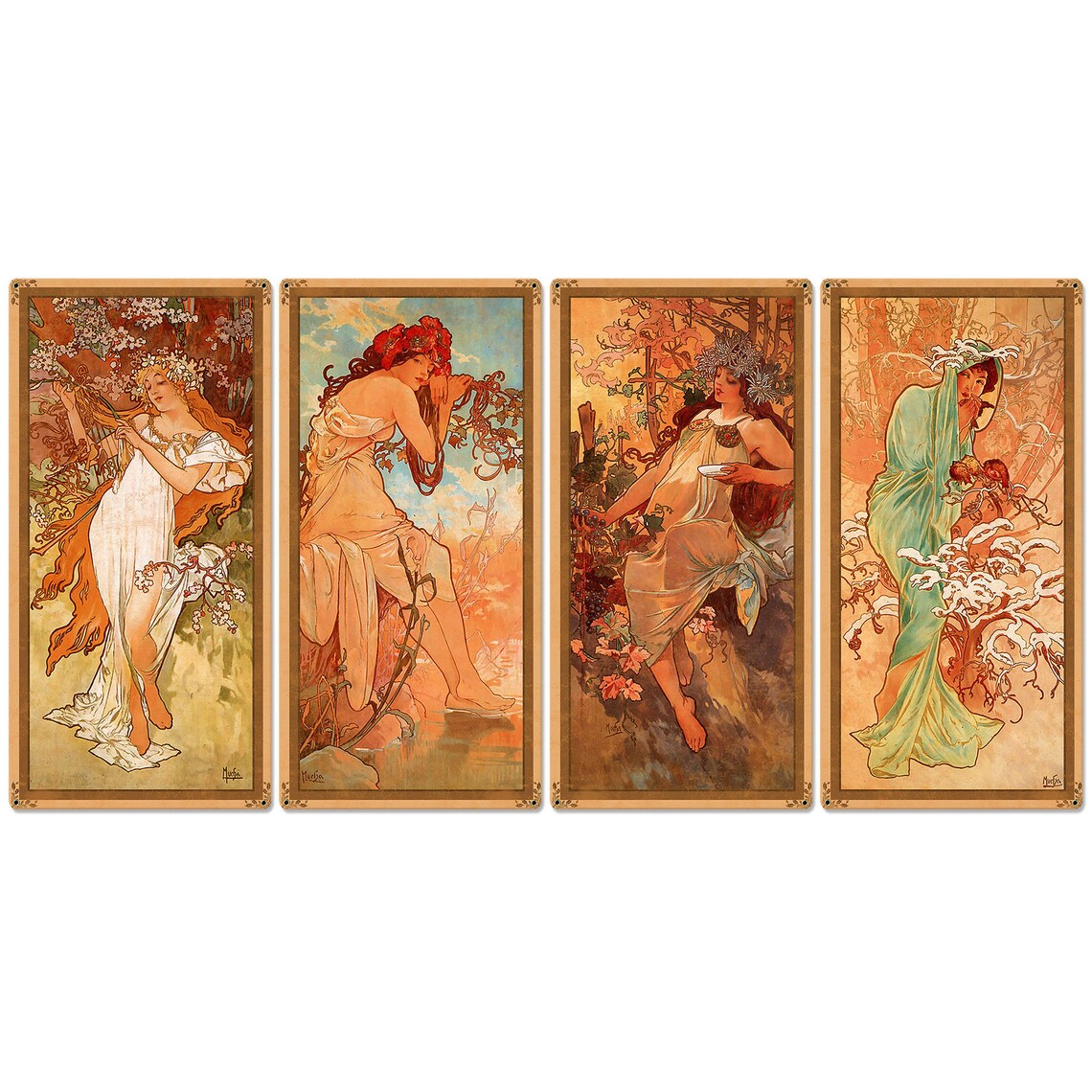 Mucha, the Seasons: Spring Summer Autumn Winter , 4 METAL Panels, Metal ...
