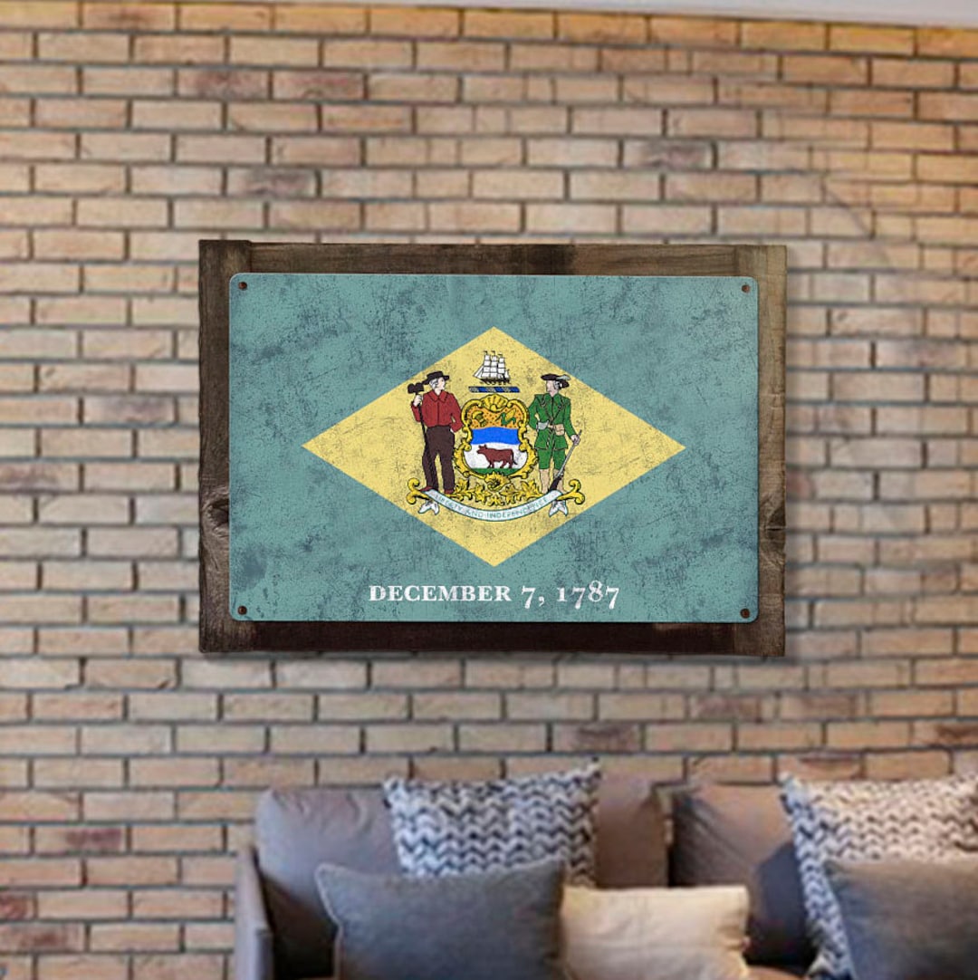 Delaware State Flag, the First State, Metal Sign, Optional Rustic Wood ...