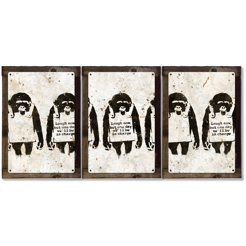 Banksy Laugh Now, Monkeys, Wall Art, Triptych METAL Sign, Optional ...