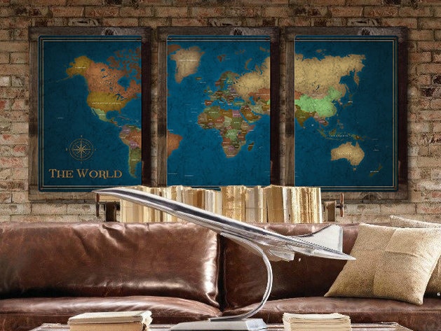 Vintage World Map, Accurate, Triptych METAL Sign, Travel, Wall Decor ...