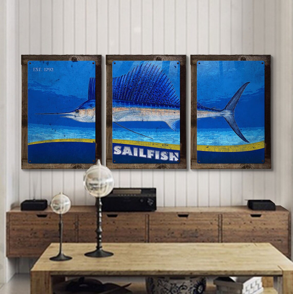 Sailfish, Marlin, Metal Triptych, Optional Rustic Wood Frame, Sport ...