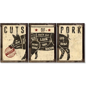 Cuts of Pork Wall Art, BBQ, Pig Triptych Metal Sign, Optional Rustic ...