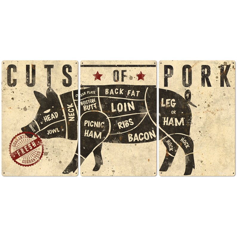 Cuts of Pork Wall Art, BBQ, Pig Triptych Metal Sign, Optional Rustic ...