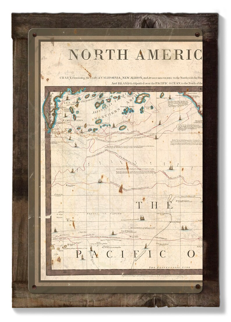 Vintage Antique North America Map, Ship Trade Routes 1775, Triptych ...