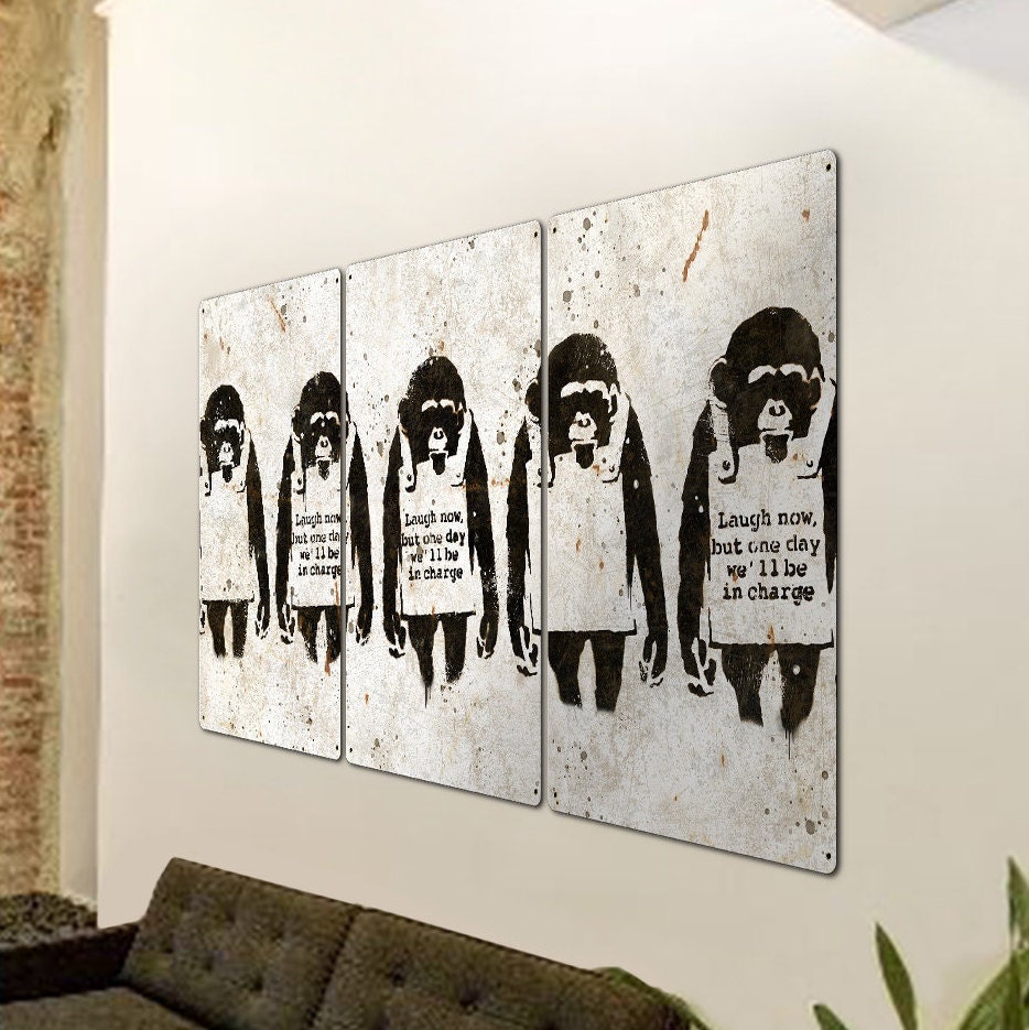 Banksy Laugh Now, Monkeys, Wall Art, Triptych METAL Sign, Optional ...