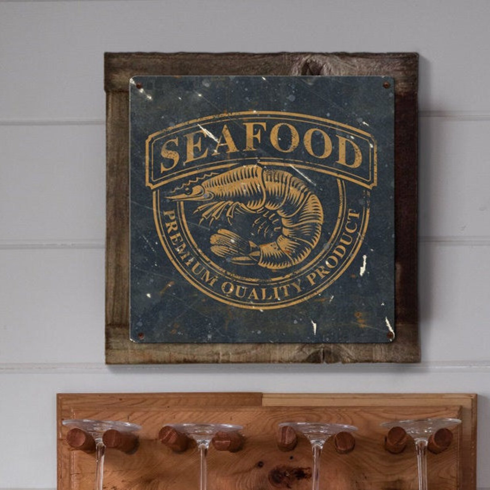 Shrimp Seafood Wall Art, Nautical METAL Sign, Optional Wood Frame, Made ...