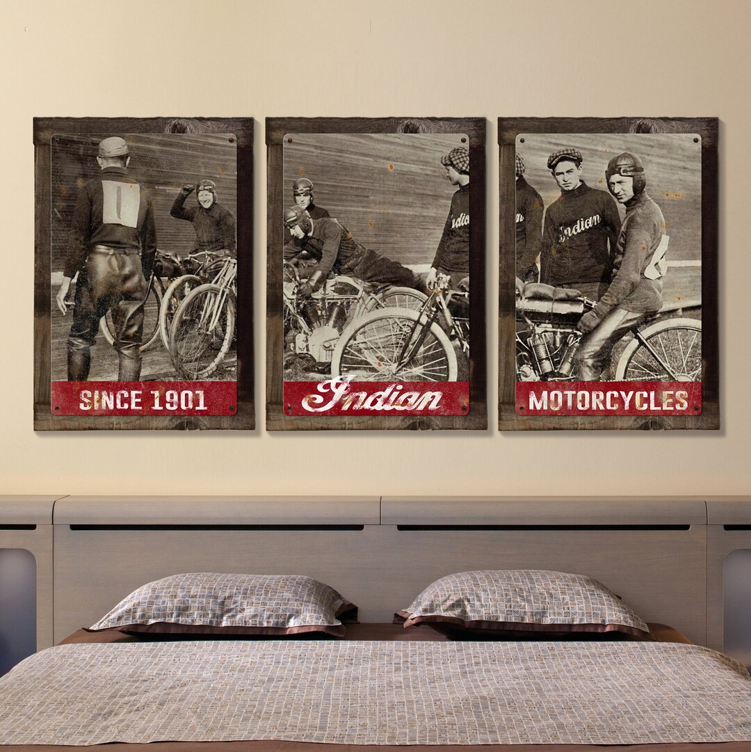 Indian, Motorcycles, Vintage, Photo, Triptych METAL Sign, Wall Art ...