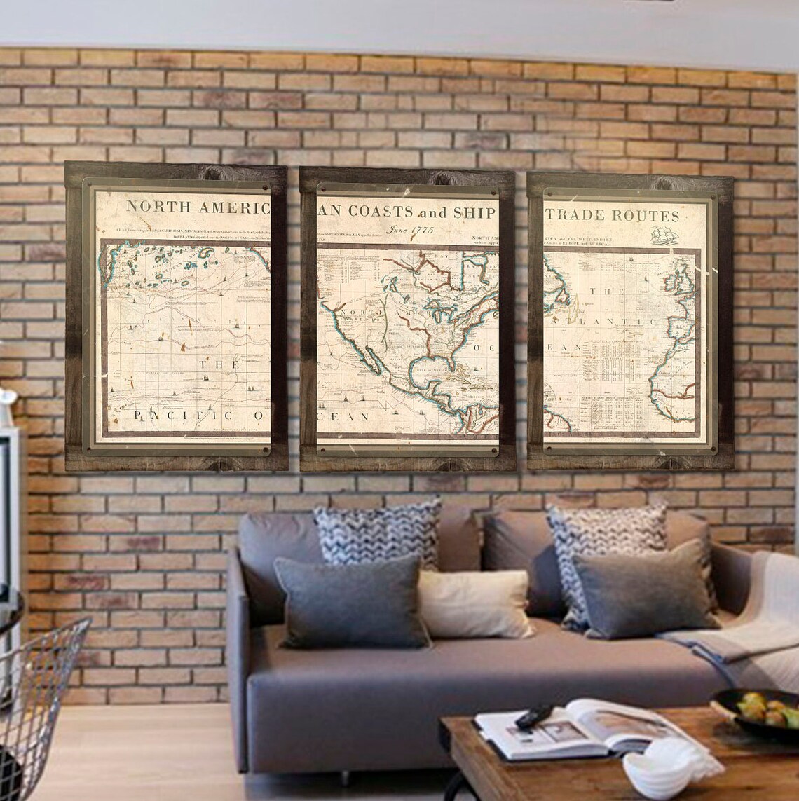 Vintage Antique North America Map, Ship Trade Routes 1775, Triptych ...