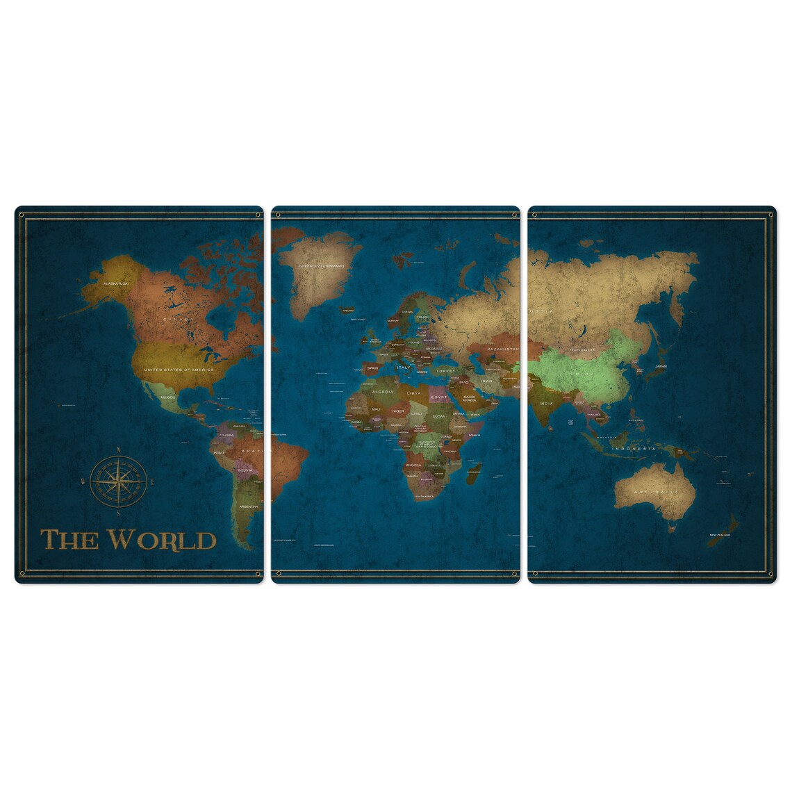 Vintage World Map Accurate Triptych METAL Sign Travel Wall - Etsy