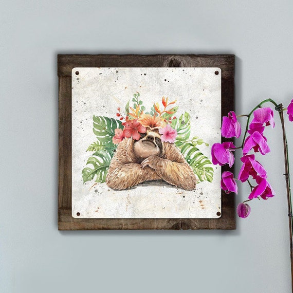 Flowered Sloth Wall Art METAL Sign Optional Reclaimed Wood | Etsy