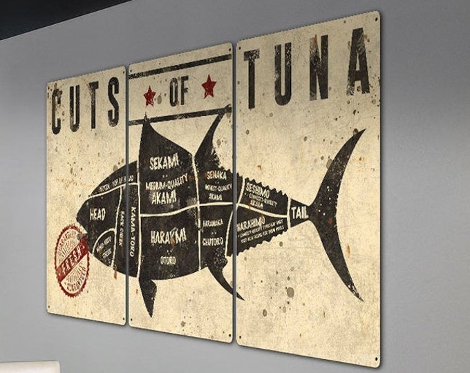 Cuts of Tuna Wall Art, Sushi, Fish Triptych Metal Sign, Optional Rustic ...