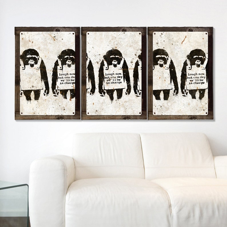 Banksy Laugh Now, Monkeys, Wall Art, Triptych METAL Sign, Optional ...