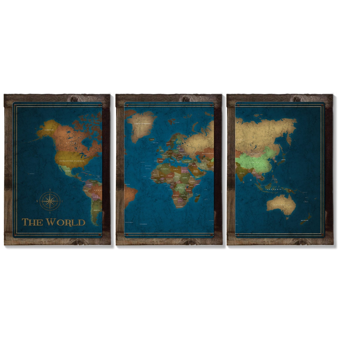 Vintage World Map Accurate Triptych METAL Sign Travel Wall - Etsy