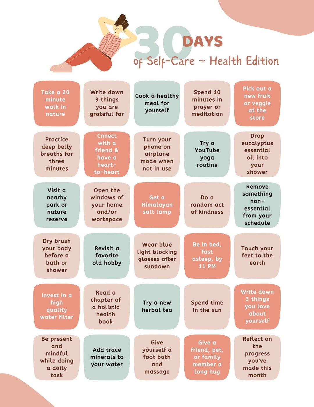 30 Day Self-care Calendar Challenge Health Edition. 30 Days to Better ...