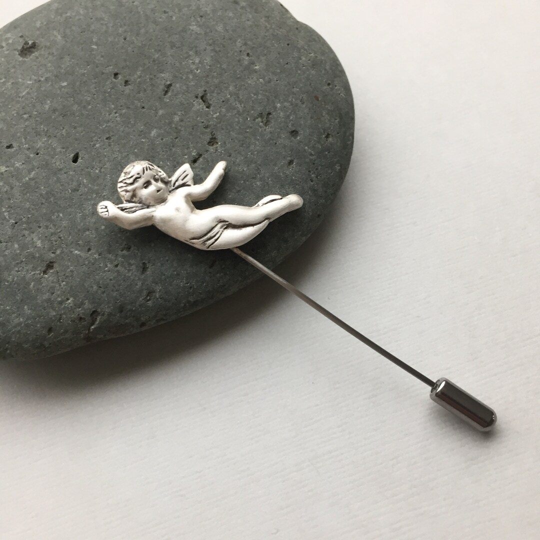 Silver Cherub Lapel Pin Guardian Angel Hat Pin Winged Angel Brooch Mothers Day T