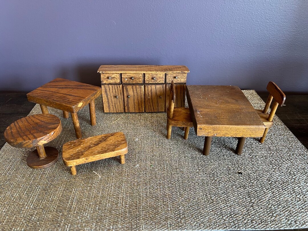 Vintage Wooden Dollhouse Furniture Primitive Handmade Doll Kitchen ...