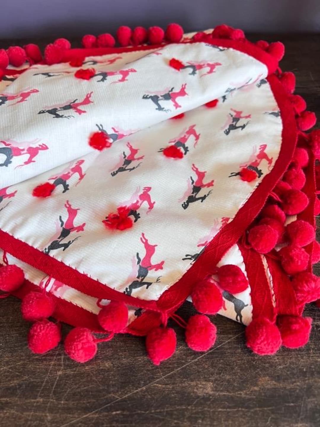 Vintage Kitschy Reindeer Christmas Tree Skirt Red Pom Poms MCM Holiday ...