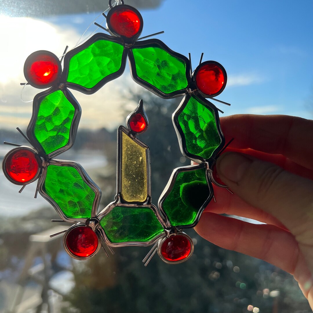 Mistletoe Stained Glass Wreath Vintage With Candle Christmas - Etsy