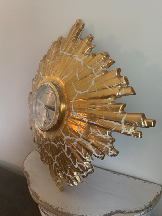 Home Décor 1960 Rococo Hollywood Regency Quartz Sunburst Crackle Lame ...