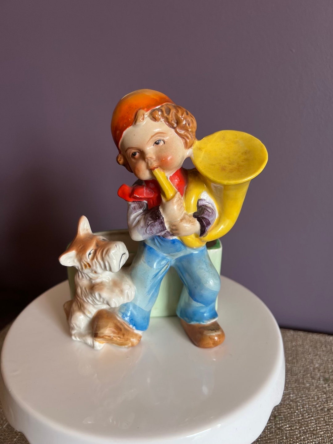 Vintage Boy Playing Tuba Horn With Puppy Dog Vase Porcelain Centerpiece ...