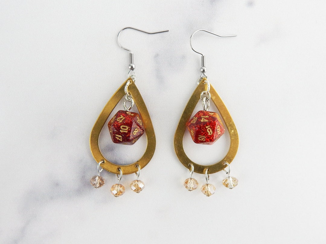 Ruby Red & Gold Dice Chandelier Earrings D20 Geek Aesthetic Earrings ...