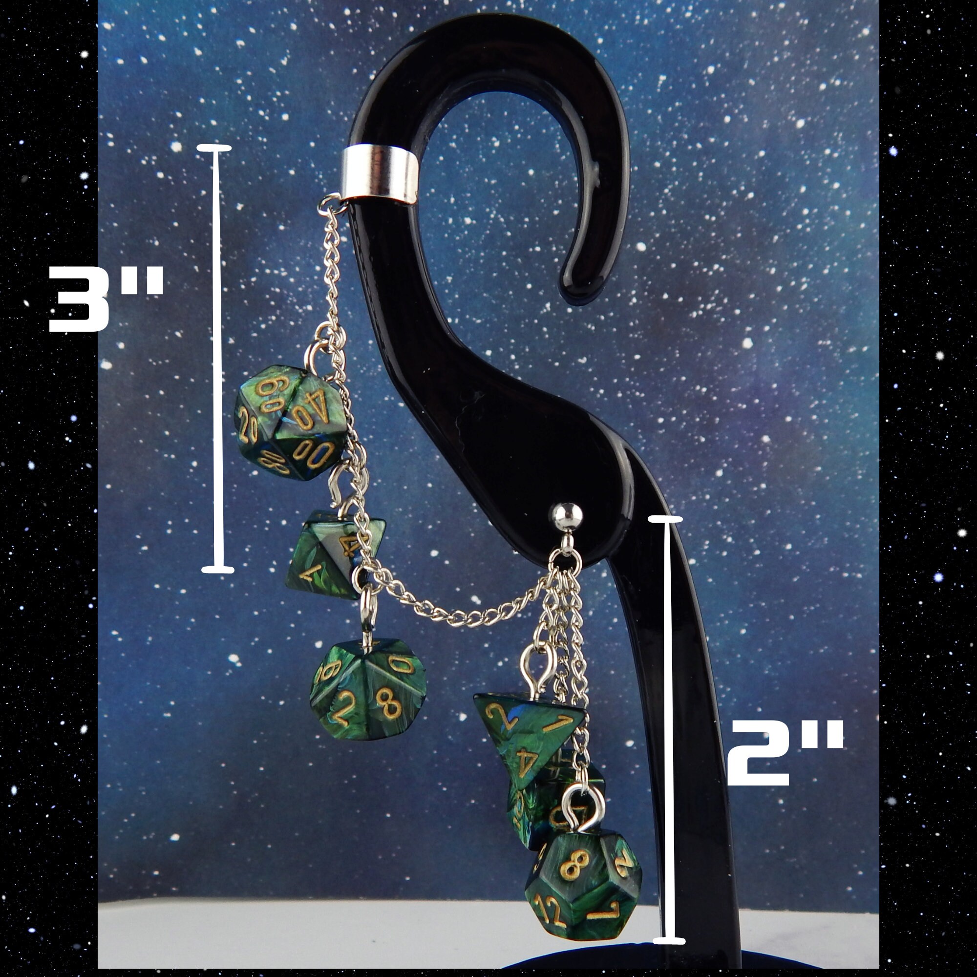 Jade Scarab Dark Green Polyhedral D20 Mini Dice Ear Cuff Chain | Geek ...