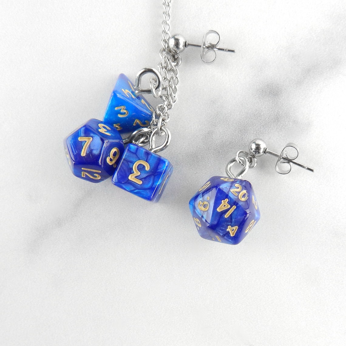 Blue Swirl Polyhedral D20 Mini Dice Ear Cuff Chain | Geek Aesthetic ...