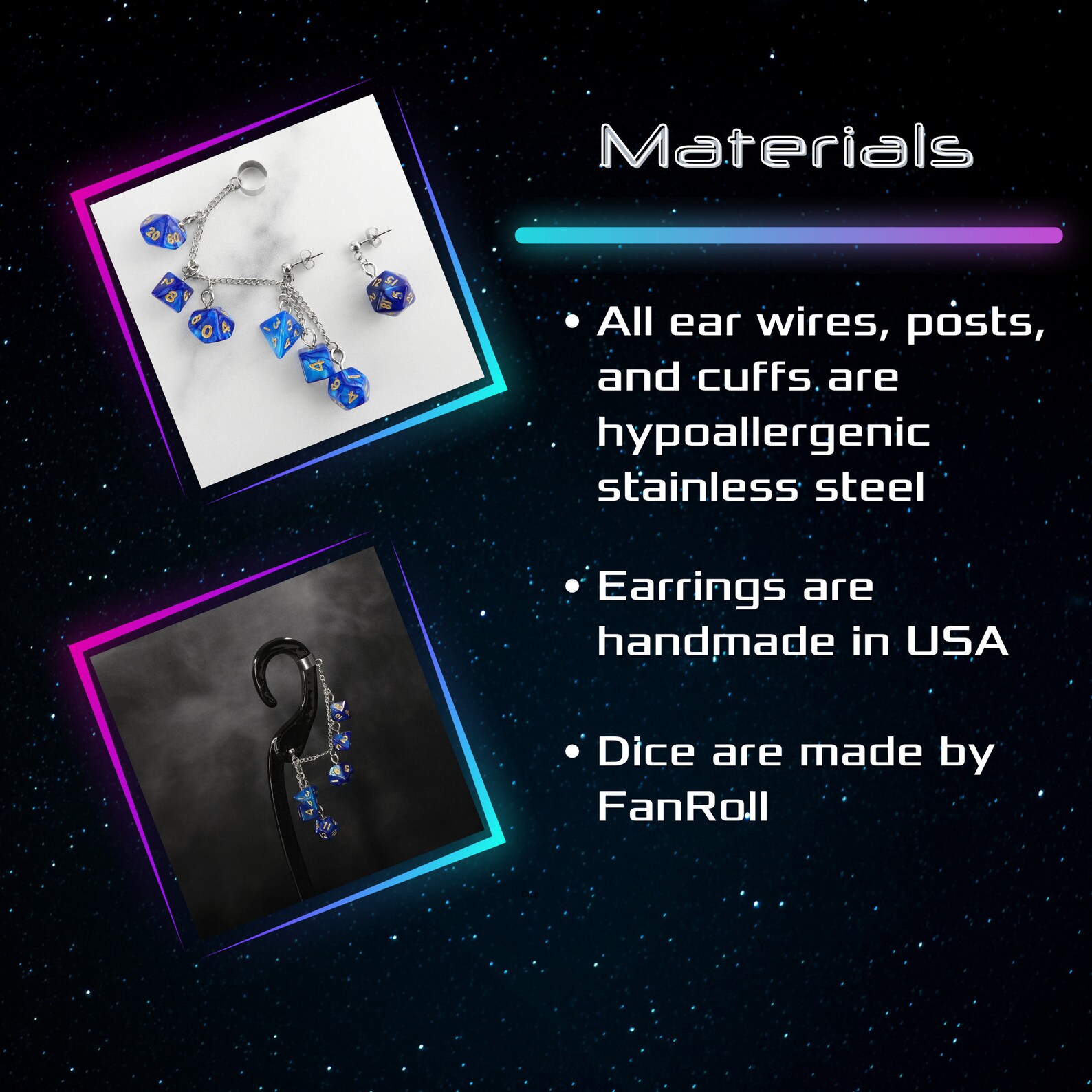 Blue Swirl Polyhedral D20 Mini Dice Ear Cuff Chain | Geek Aesthetic ...