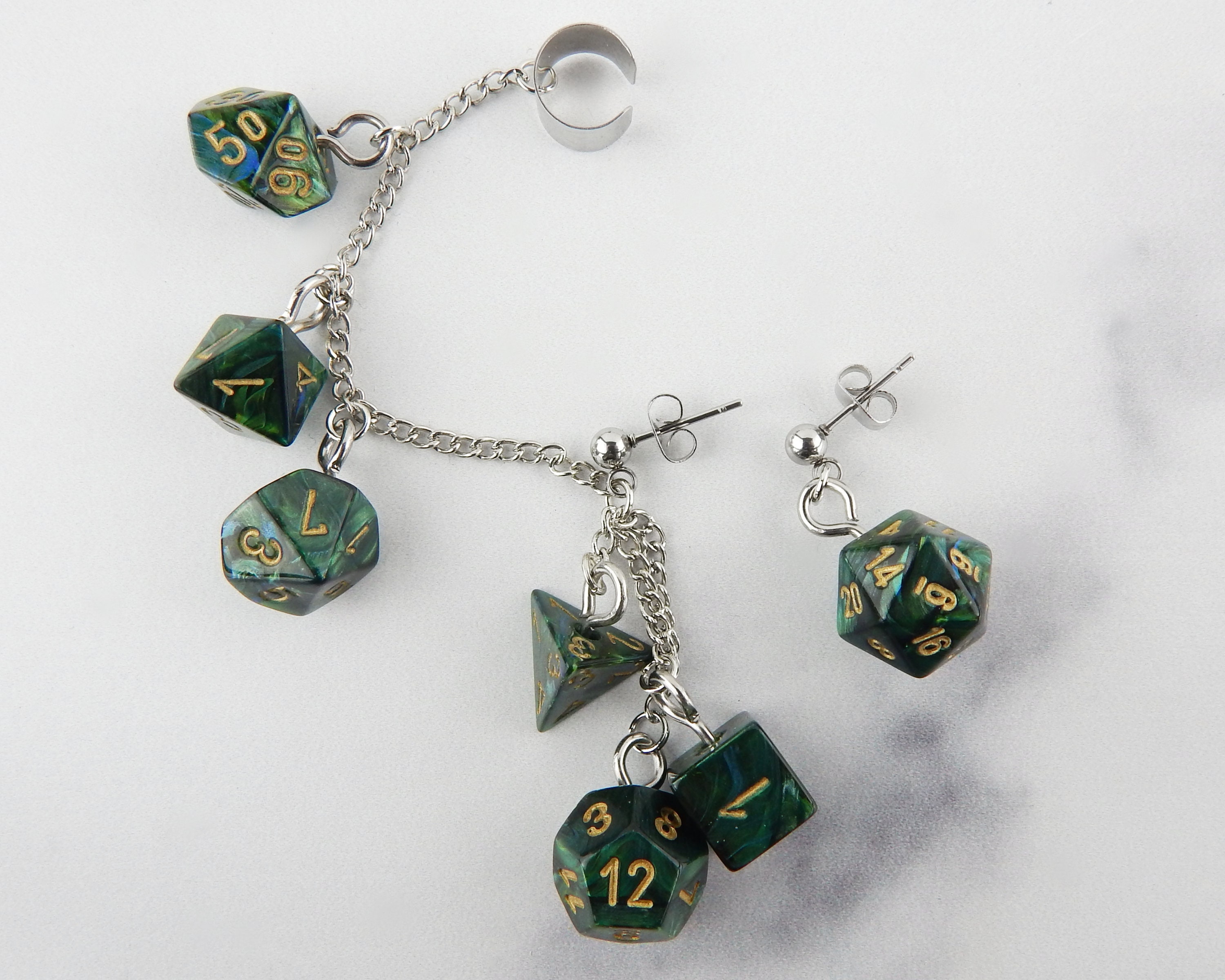Jade Scarab Dark Green Polyhedral D20 Mini Dice Ear Cuff Chain | Geek ...