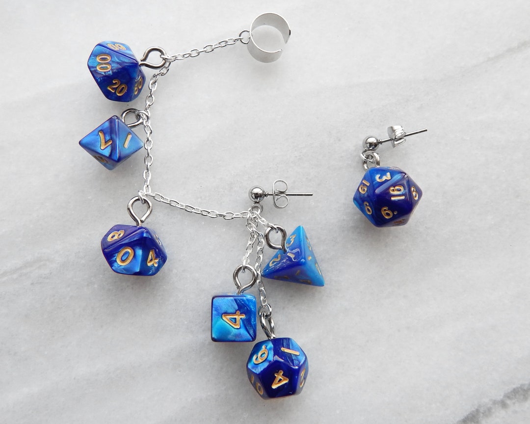 Blue Swirl Polyhedral D20 Mini Dice Ear Cuff Chain Geek - Etsy