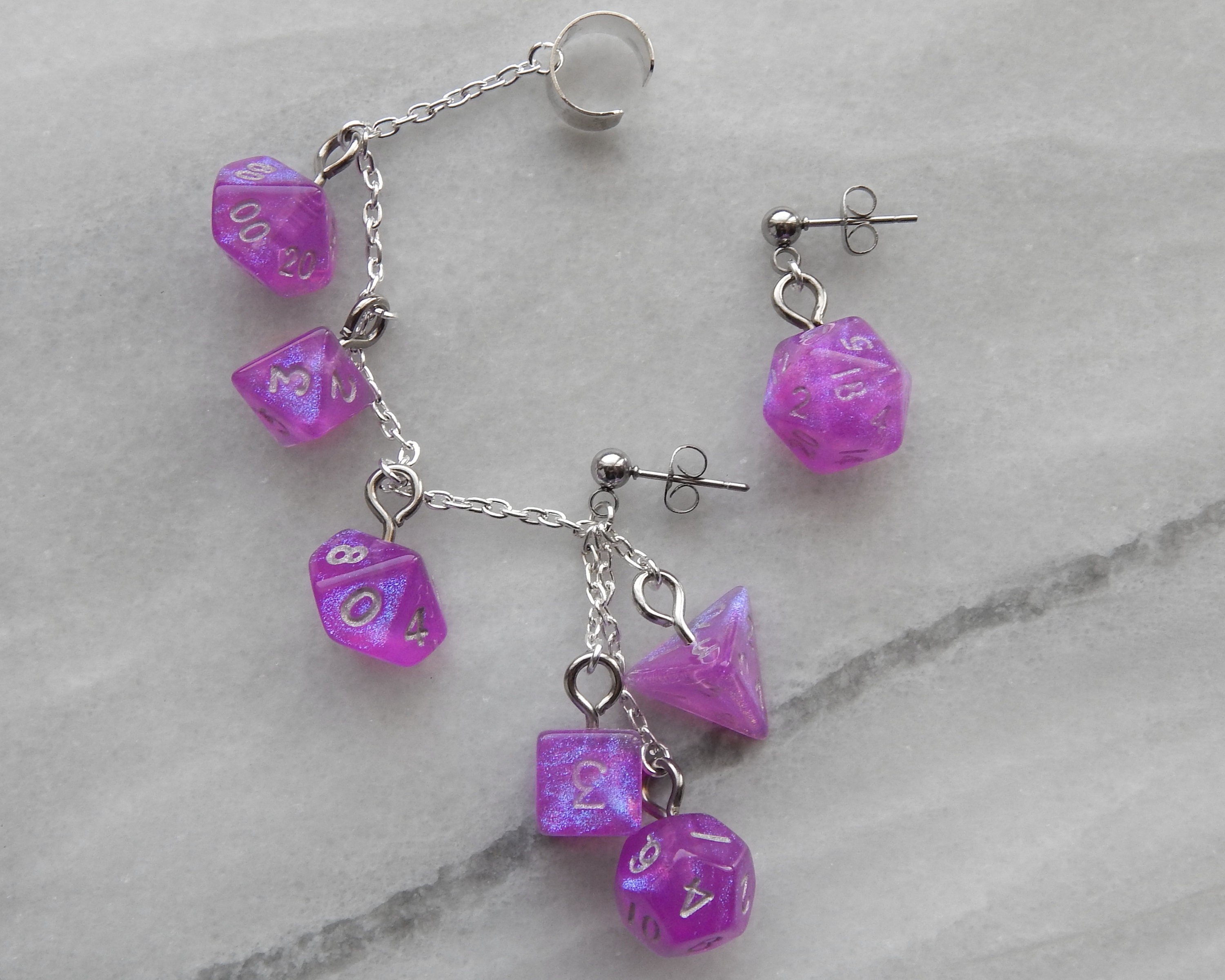 Purple Stardust Polyhedral D20 Mini Dice Ear Cuff Chain Geek | Etsy