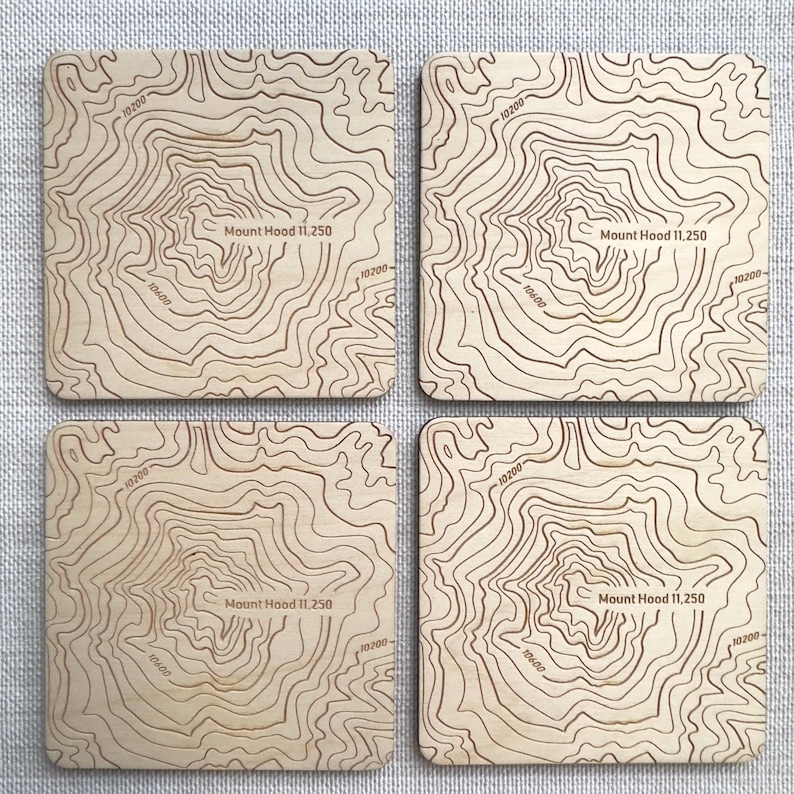 Mt. Hood Topography Square Wooden Coaster Set - Etsy