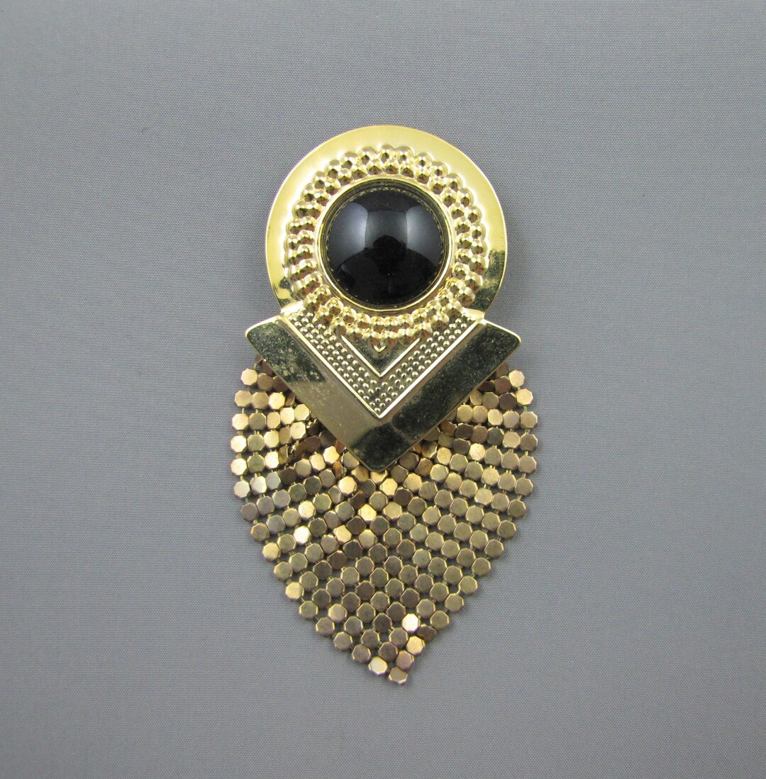 Large Vintage SCARF CLIP Center Black Stone Flexible Chain Mail Style ...