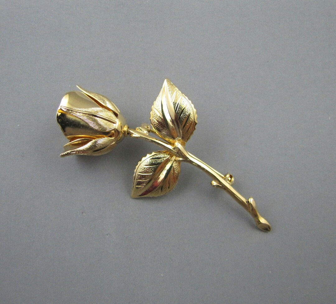 Long Stemmed Single ROSE in Goldtones VINTAGE Costume Jewelery Brooch ...