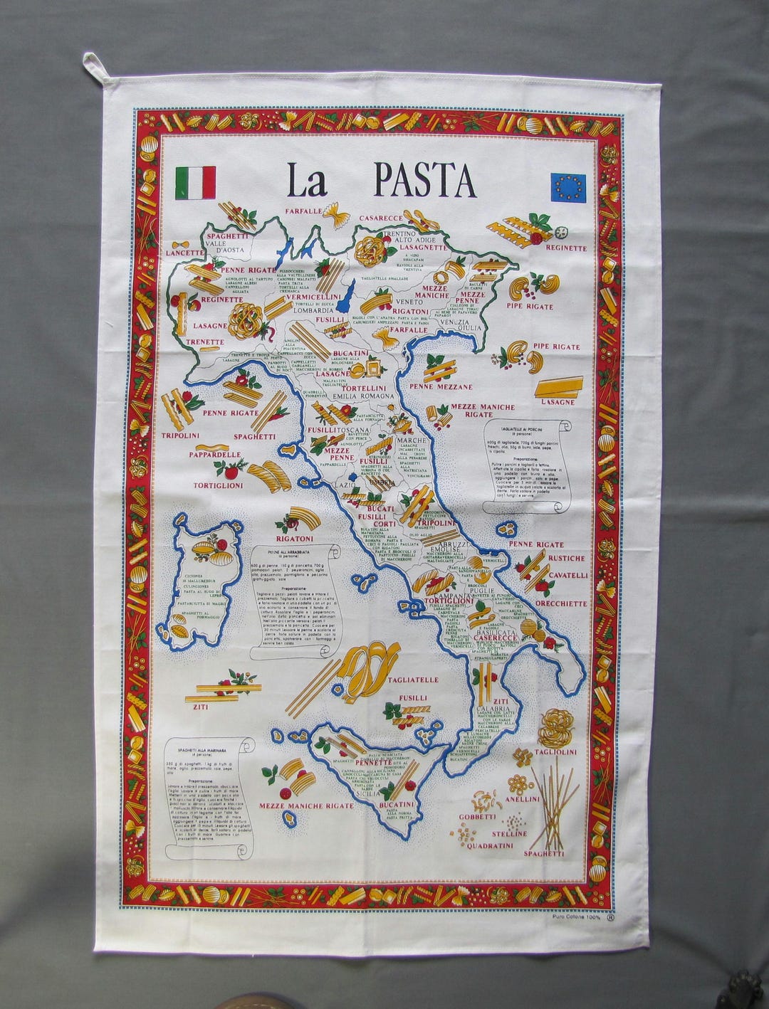Italy LA PASTA Map With Different Pasta & Recipes in ITALIAN Vintage ...