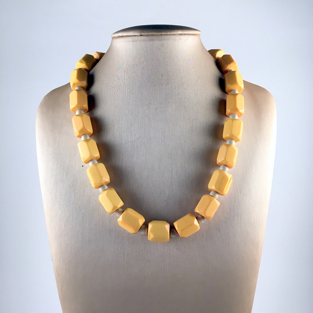 Custard Yellow Bakelite Choker Necklace, Octagonal Cubes, Tested, 1940s ...