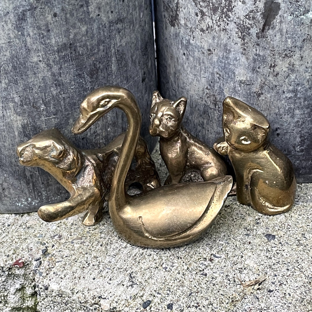 Solid Brass Animal Miniatures (set of 4), Swan, Bear, Cat & Dog, 1970’s ...