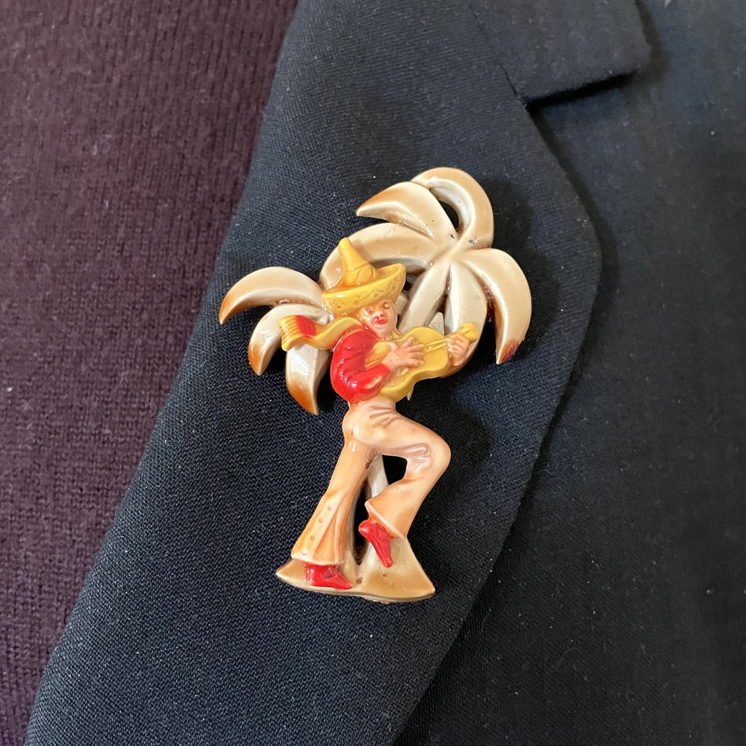 Celluloid Palm Tree & Mexican Cowboy Brooch, 1940’s Vintage - Etsy
