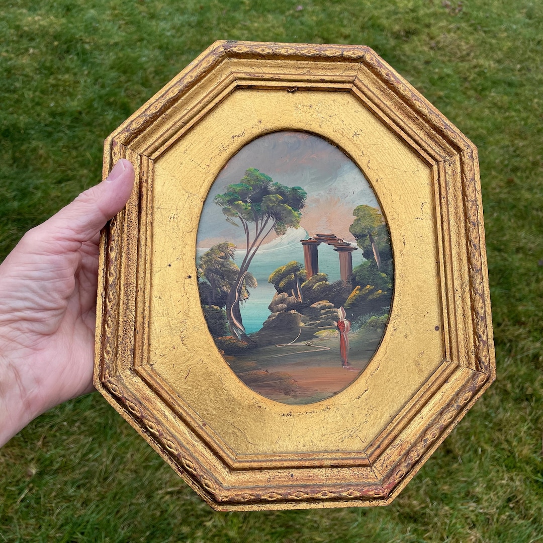 Italian Kitsch Oil Painting, Roman Ruins Miniature, Golden Frame, 1960 ...