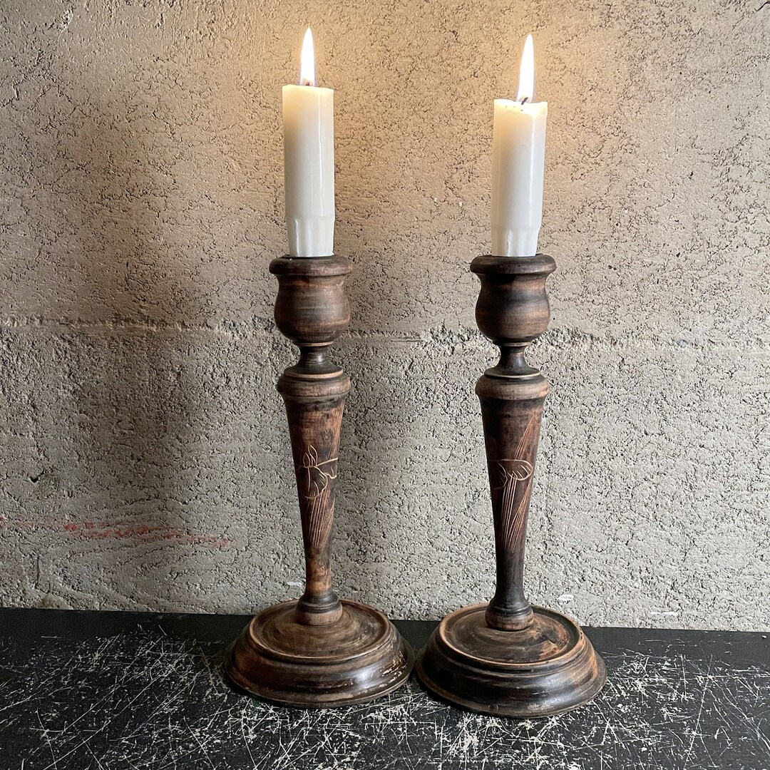 Czech Turned Wood Candlesticks pair, Hand-carved Flowers, 1920s Antique ...