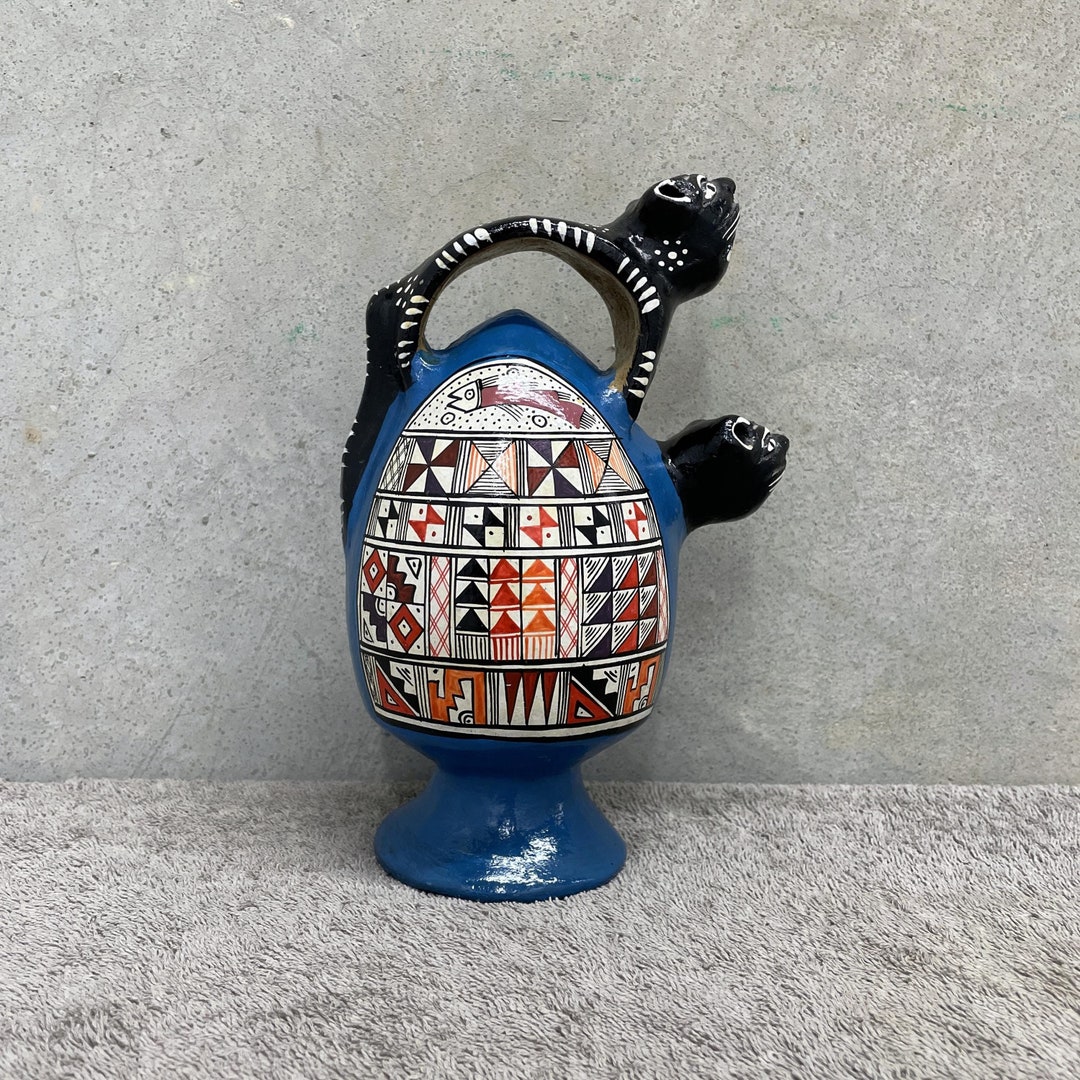 Cusco Inca Peru Jug, Terracotta Pottery in Tiel Blue W/jaguar Handle ...