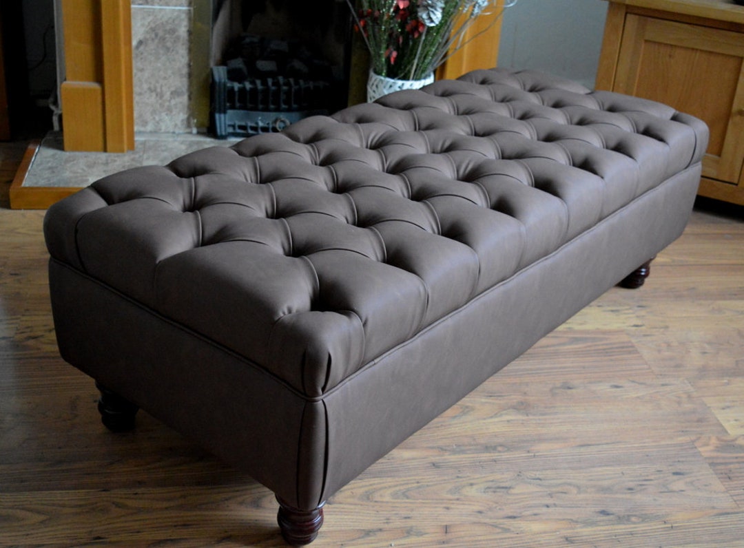Chesterfield Extra Long Deep Buttoned Footstool in Chocolate Faux ...