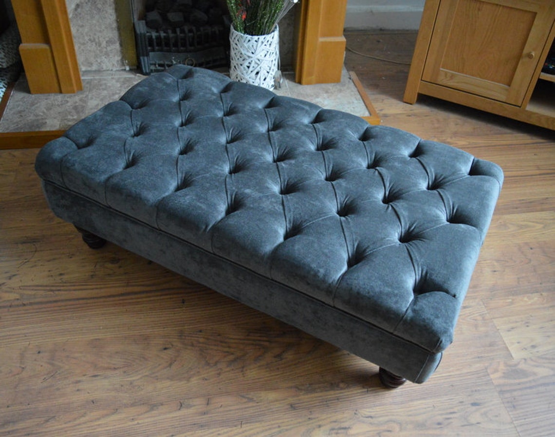 Chesterfield Deep Buttoned Footstool in Crush Charcoal Fabric With ...