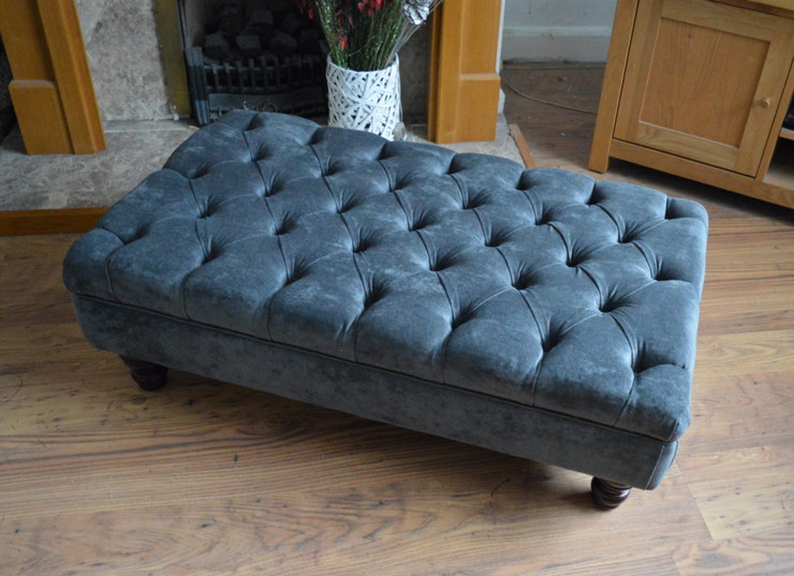 Chesterfield Deep Buttoned Footstool in Crush Charcoal Fabric With ...