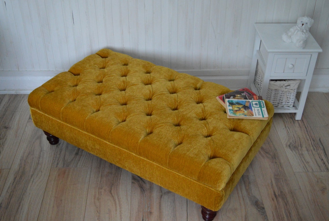 Chesterfield Deep Buttoned Footstool in a Plush Turmeric - Etsy